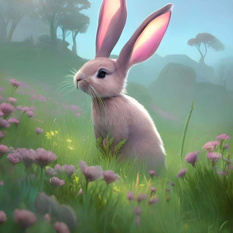 Cute Bunny Sitting in a Pink Flower Meadow Stock Illustration ...