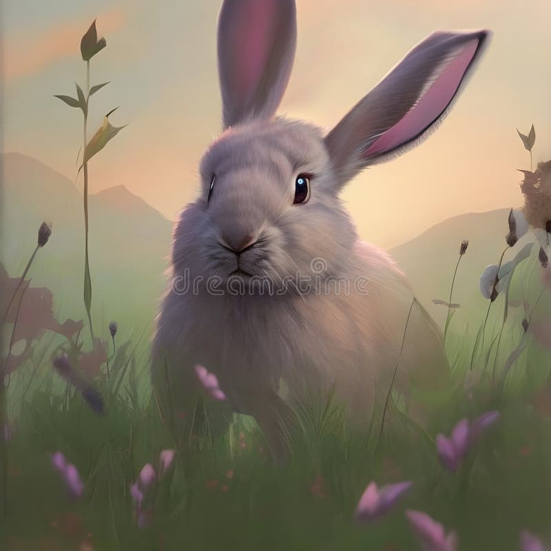 Cute Bunny Sitting in a Pink Flower Meadow Stock Illustration ...