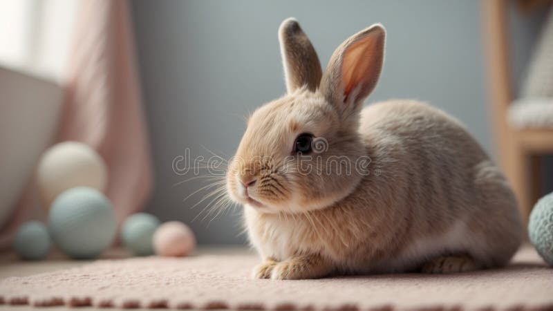 Cute Bunny Sitting on a Rug in a Pastel Room. Stock Image - Image of ...