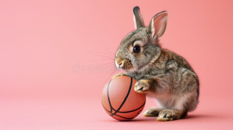 Cute Bunny Slam Dunk on Solid Background - Playful Rabbit Playing ...