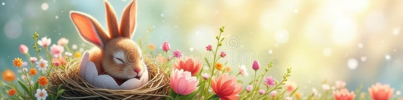 Cute Bunny Sleeping in a Nest Surrounded by Vibrant Spring Flowers ...