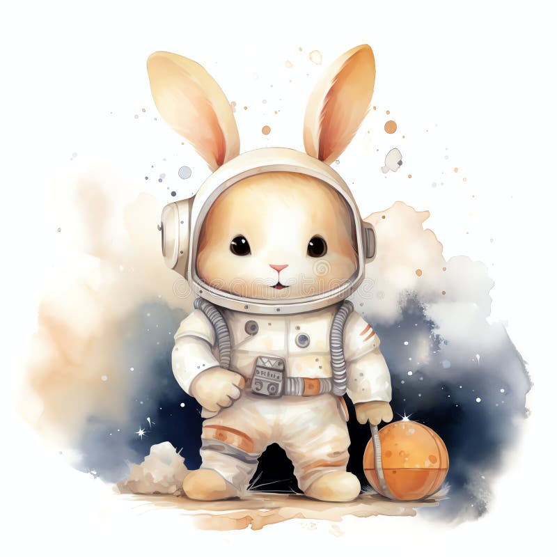 Cute Bunny with Space Station Watercolor Illustration Stock ...