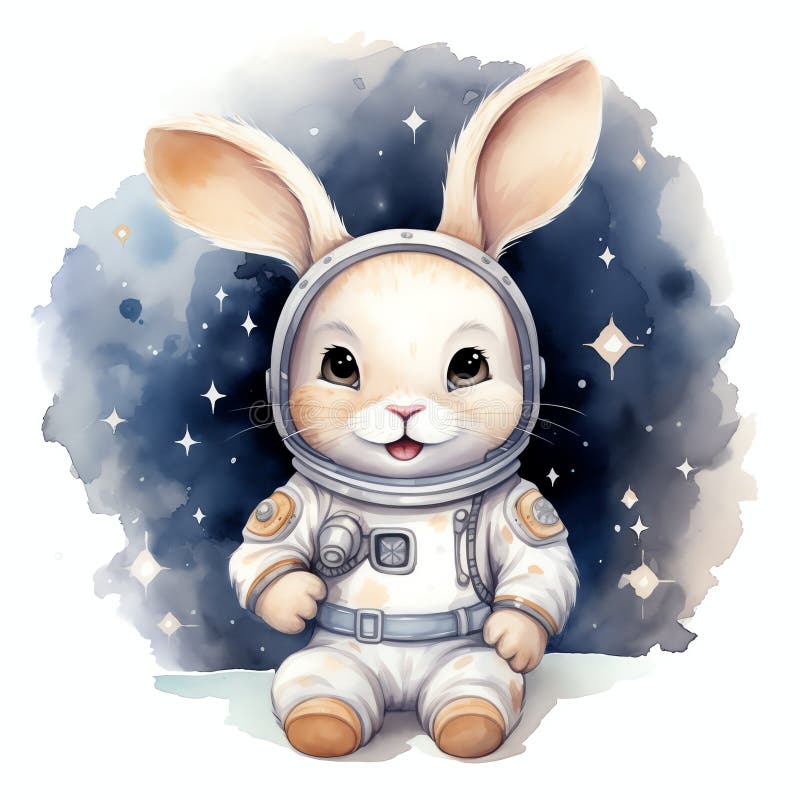Cute Bunny with Space Station Watercolor Illustration Stock ...