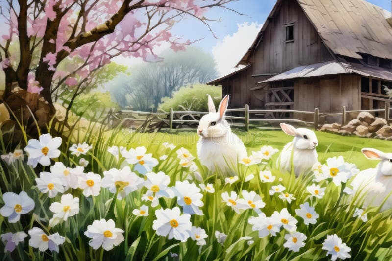 Cute Bunny and Spring Flowers. Happy Easter Concept Stock Illustration ...