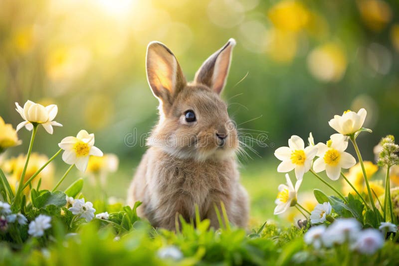 Cute Bunny with Spring Flowers, Rabbit, Isolated on Natural Background ...
