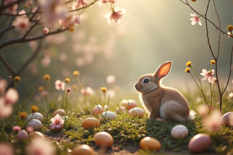 Cute Bunny in Spring Meadow Surrounded by Colorful Easter Eggs and ...