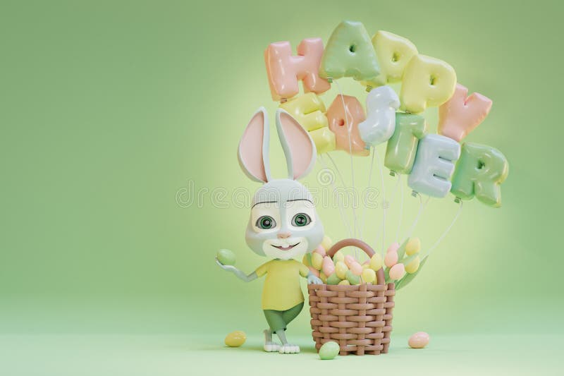 Cute Bunny Staying with Easter Basket and Balloons. 3D Render Stock ...