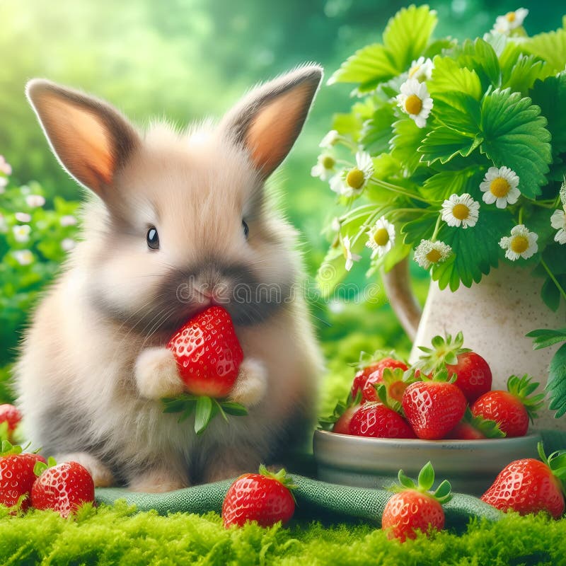 Cute Bunny with a Strawberry in a Bright Garden. Generative AI. Stock ...