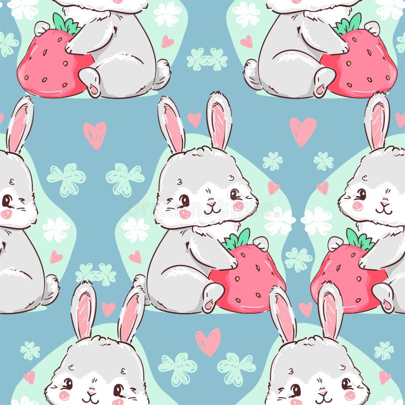 Cute Bunny and Strawberry Pattern Little Rabbit Vector Illustration ...