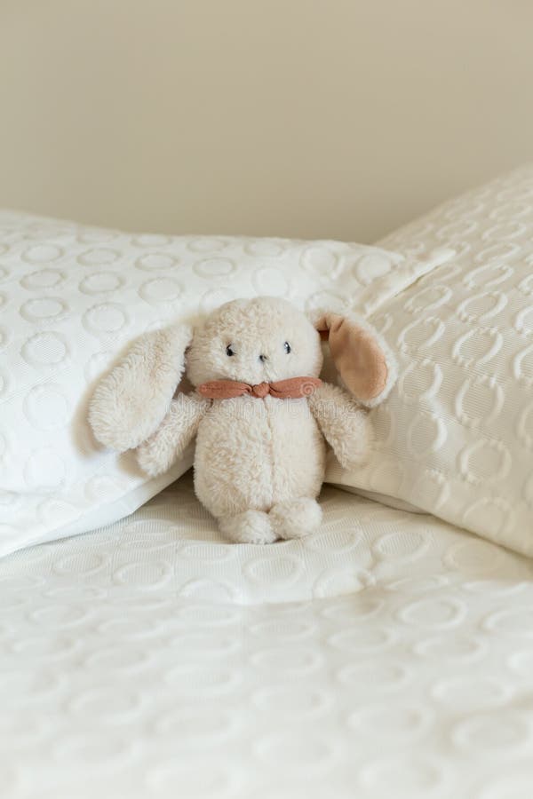 Cute Bunny Stuffed Toy Set on Pillows and White Bedspread Stock Photo ...