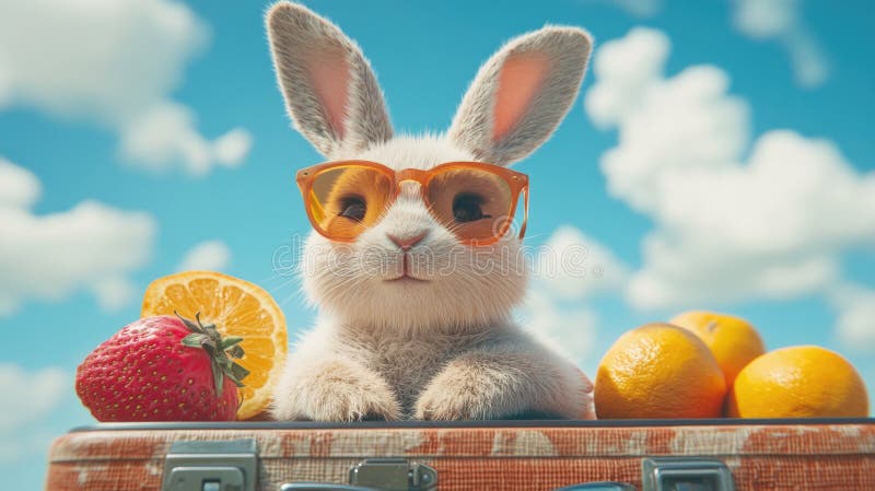Cute Bunny with Sunglasses Relaxing with Fruit on a Sunny Day Stock ...