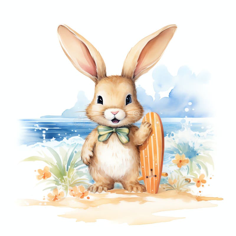 Cute Bunny with Surfing Beach Watercolor Illustration Stock ...
