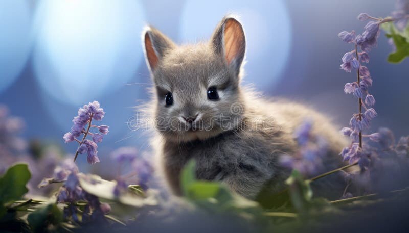 Cute Bunny Surrounded by Blooming Flowers on Vibrant Solid Background ...