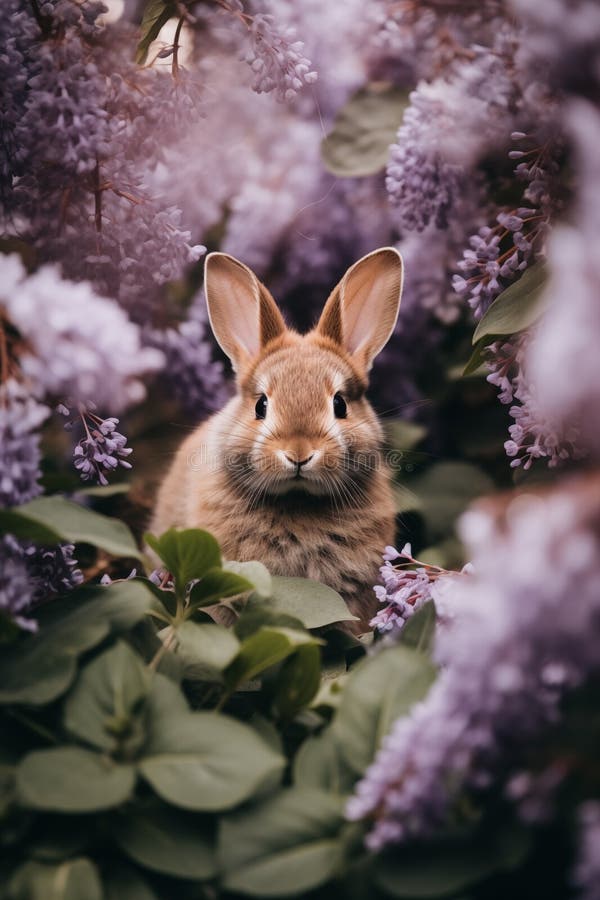 A Little Bunny Surrounded by Lilac Flowers. Stock Illustration ...