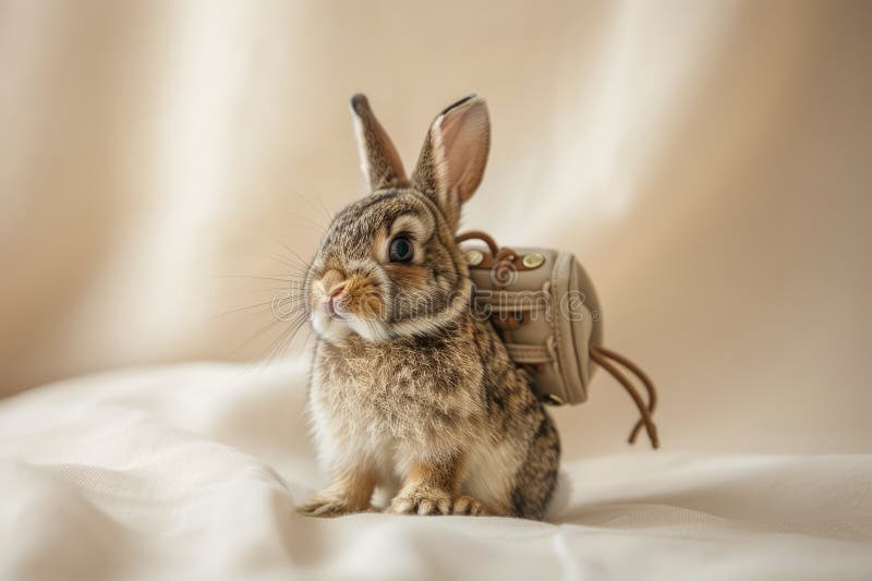 Cute Bunny with Tiny Backpack Posing on Soft Beige Background for ...