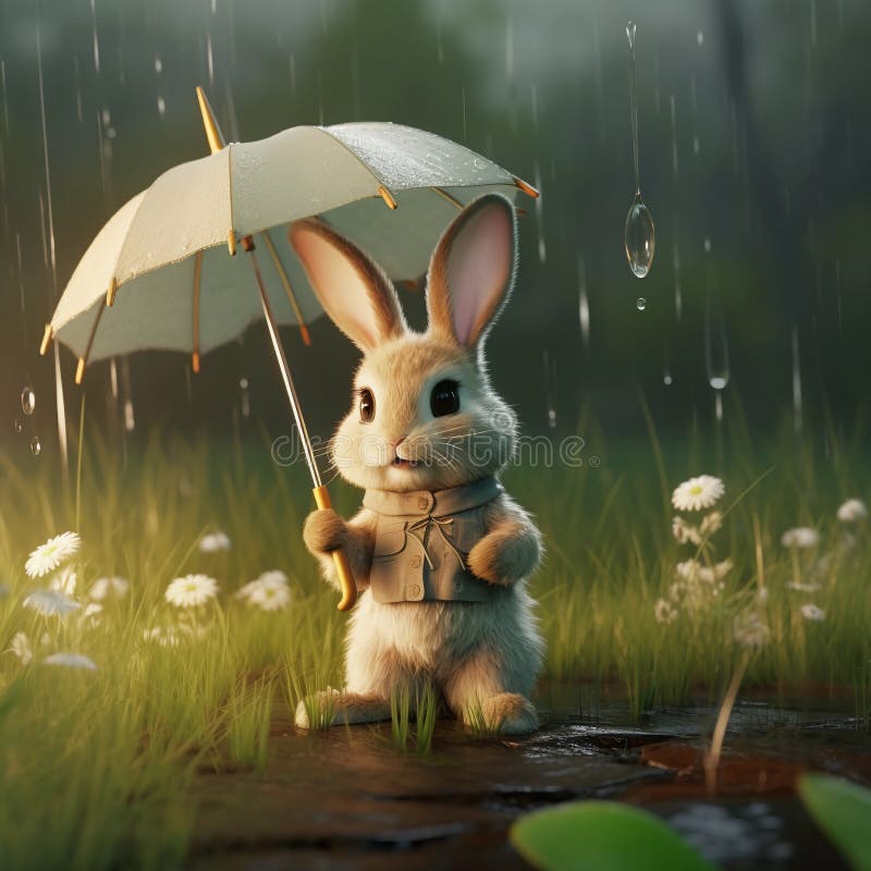 Cute Bunny with an Umbrella in a Clearing Stock Illustration ...