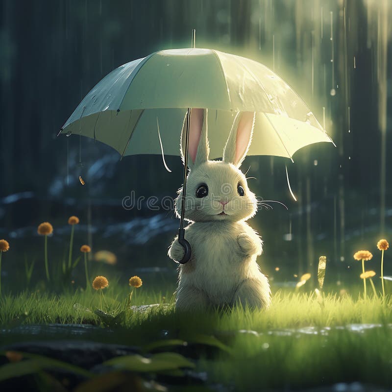 Cute Bunny with an Umbrella in a Clearing Stock Photo - Image of ...