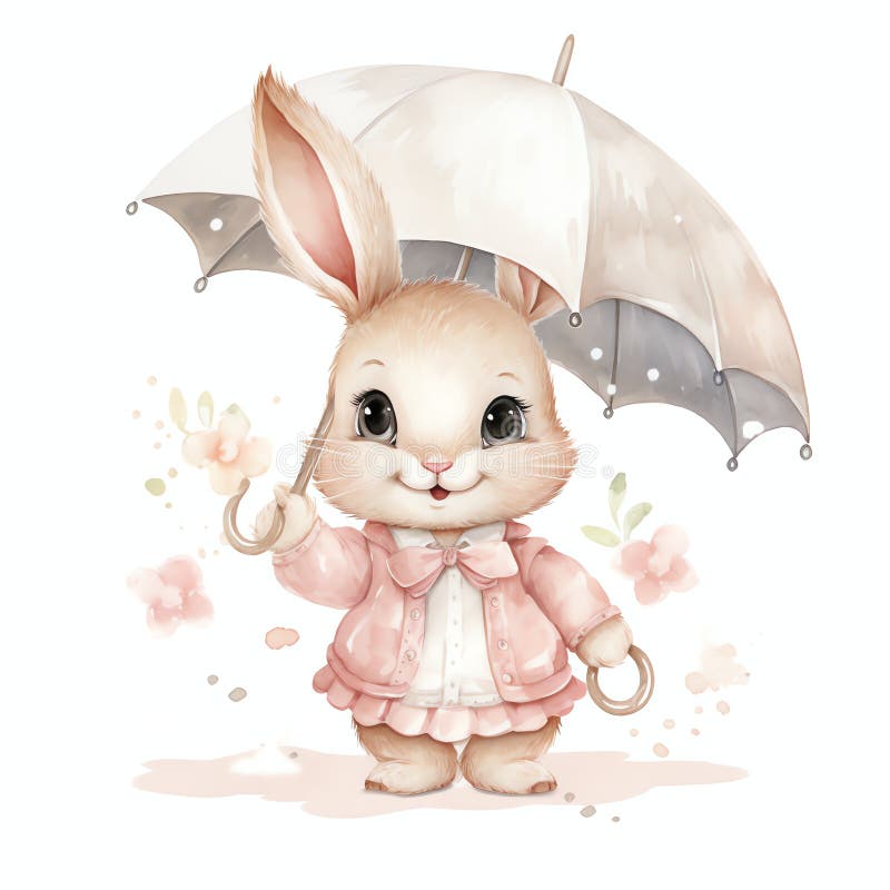 Cute Bunny with Umbrella Watercolor Illustration Stock Illustration ...