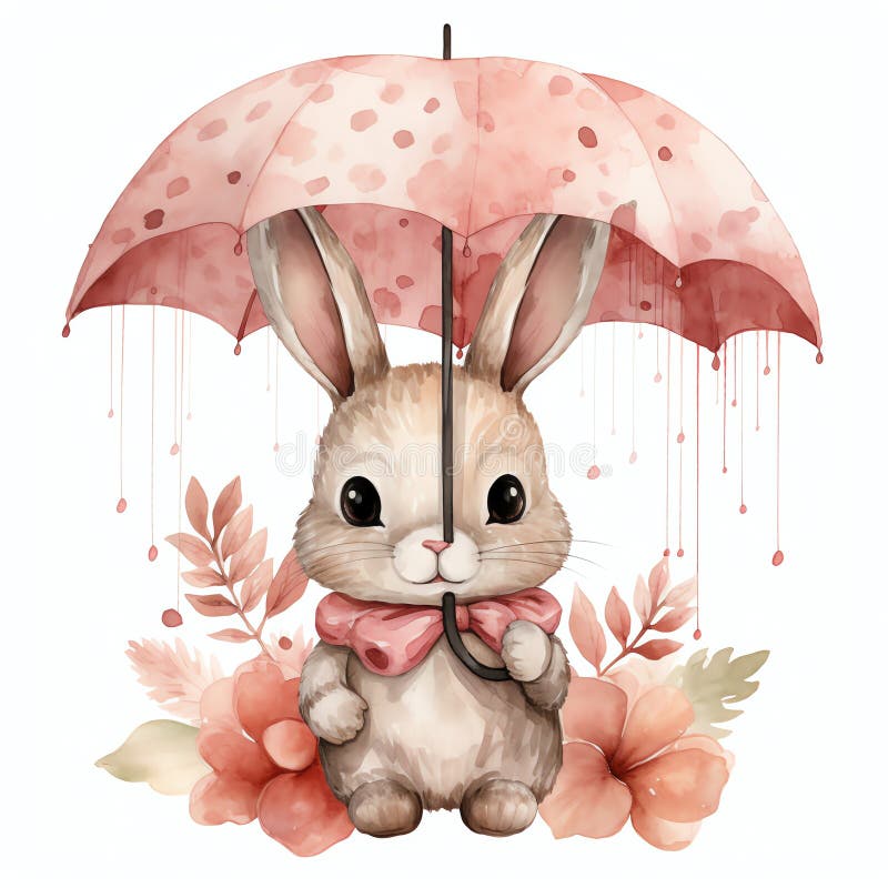 Cute Bunny with Umbrella Watercolor Illustration Stock Illustration ...
