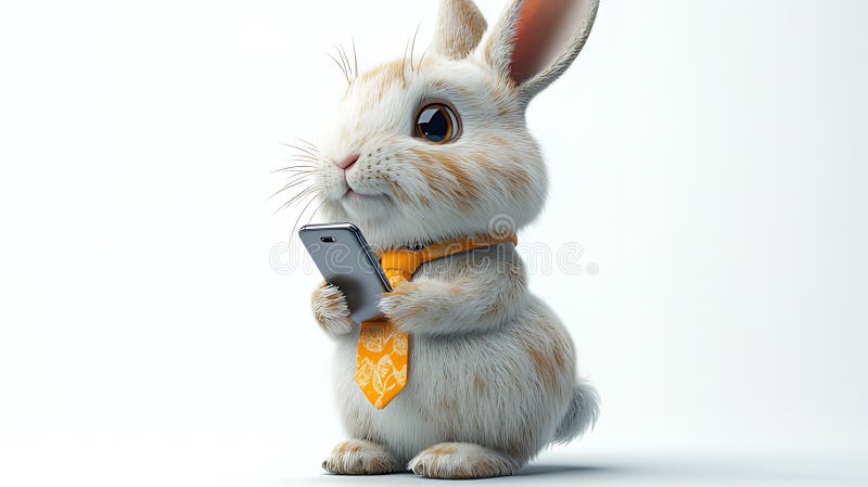 Cute Bunny Using Phone, Studio Shot, White Background, Easter Stock ...