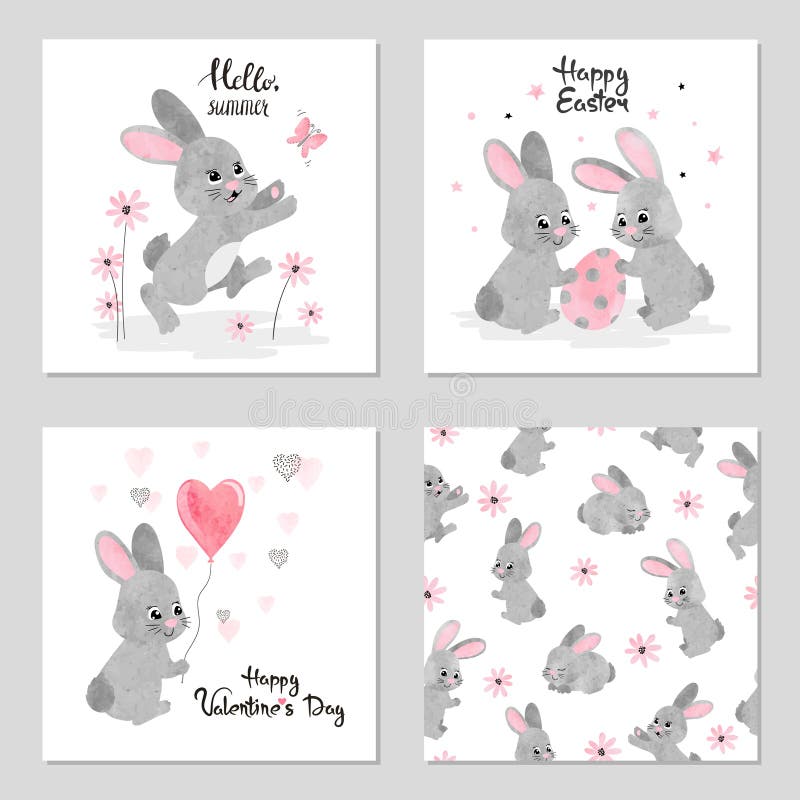 Cute Bunny Vector Illustrations. Set of Greeting Cards Stock Vector ...