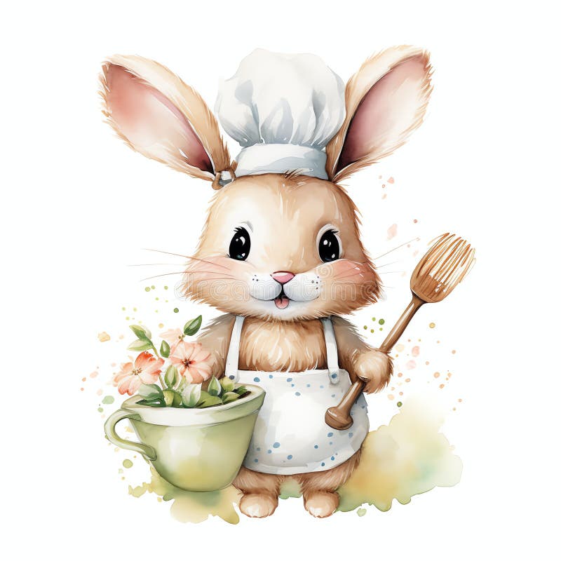 Cute Bunny with Whisk Watercolor Illustration Stock Illustration ...