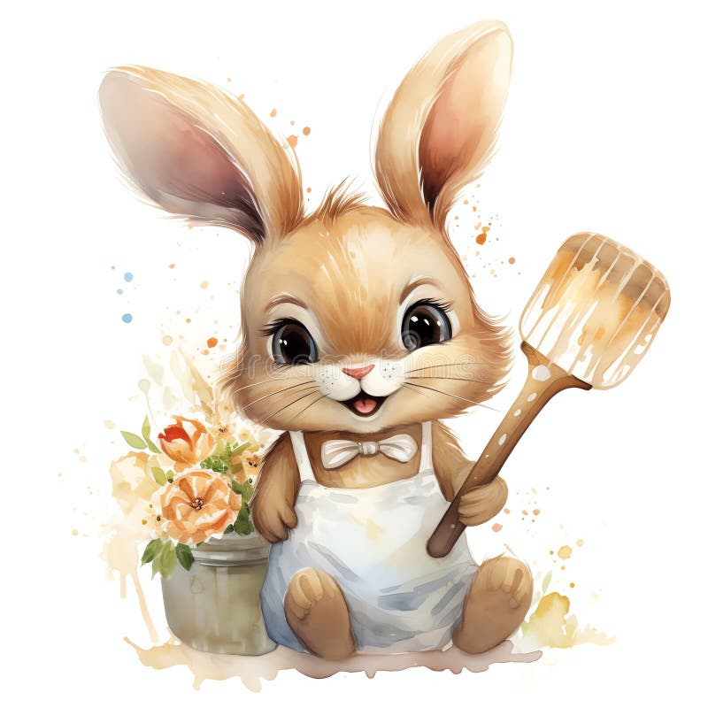 Cute Bunny with Whisk Watercolor Illustration Stock Illustration ...