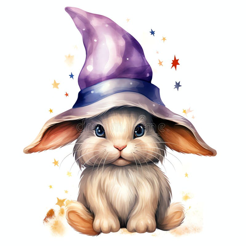 Cute Bunny with Wizard Hat Watercolor Illustration Stock Illustration ...