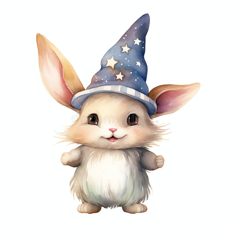 Cute Bunny with Wizard Hat Watercolor Illustration Stock Illustration ...