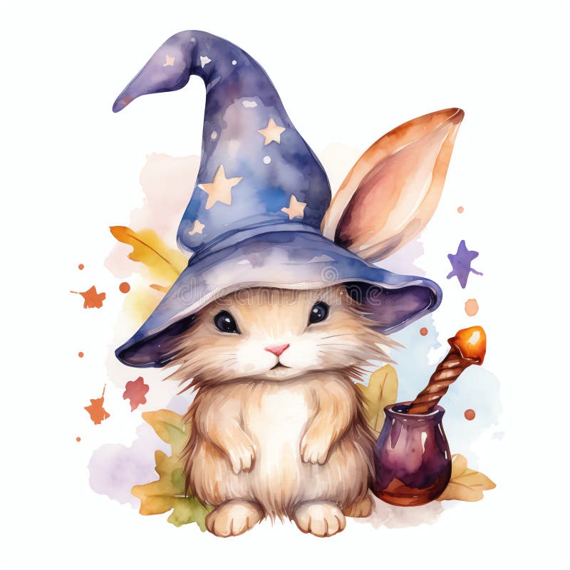 Cute Bunny with Wizard Hat Watercolor Illustration Stock Illustration ...