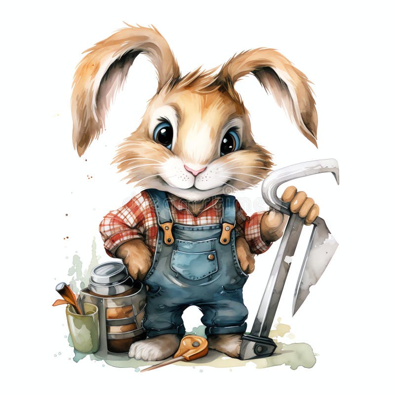 Cute Bunny with Wrench Watercolor Illustration Stock Illustration ...