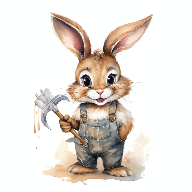 Cute Bunny with Wrench Watercolor Illustration Stock Illustration ...