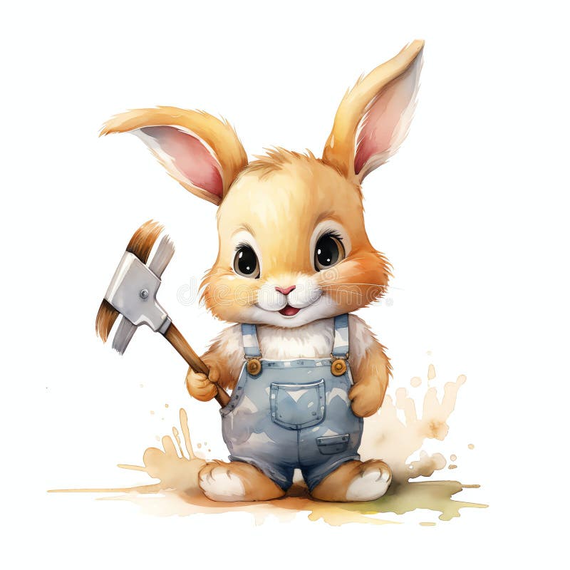 Cute Bunny with Wrench Watercolor Illustration Stock Illustration ...