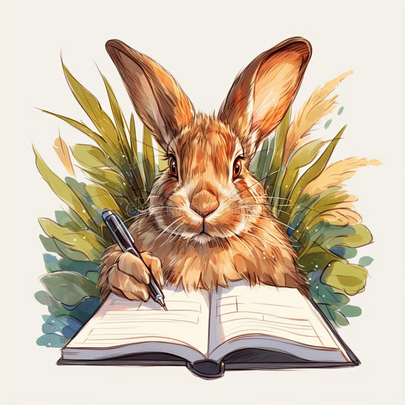 Cute Bunny Writing in Notebook Surrounded by Greenery and Plants Stock ...