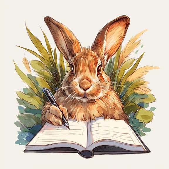Cute Bunny Writing in Notebook Surrounded by Greenery and Plants Stock ...