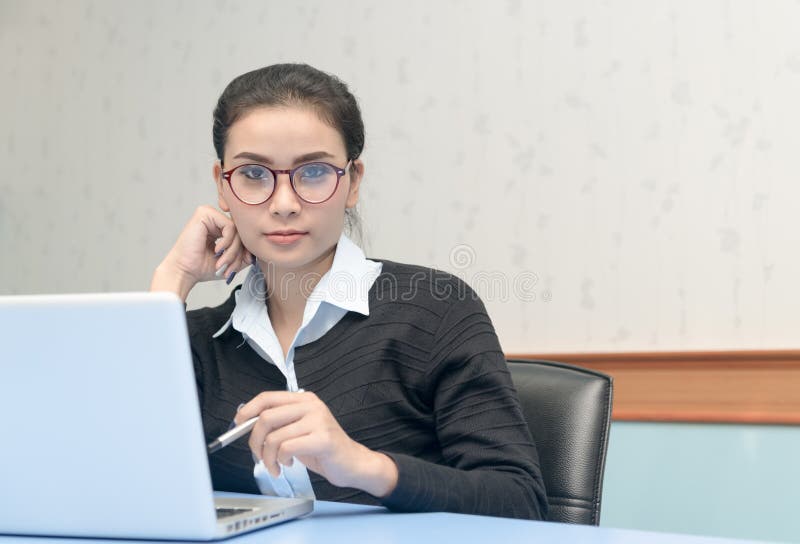 Cute Business Woman with Computer in Office Stock Image - Image of ...