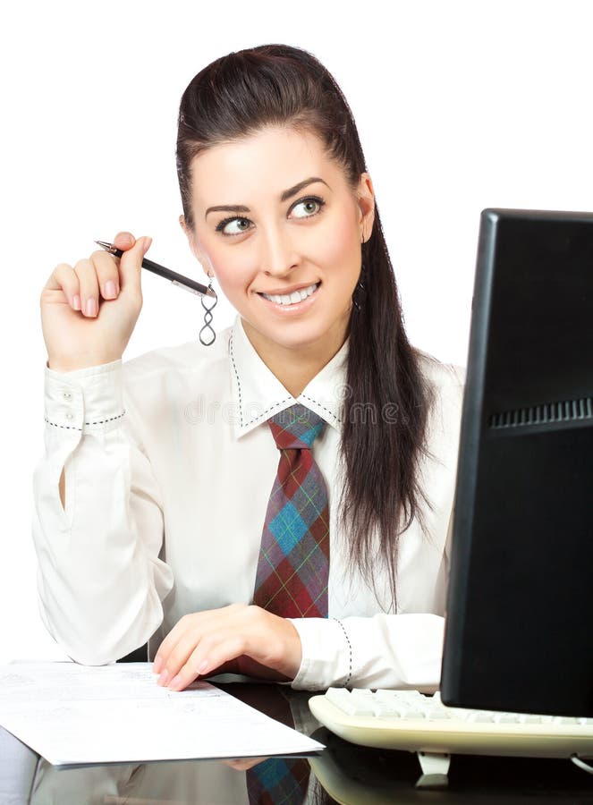 Cute businesswoman at work stock image. Image of monitor - 28592573