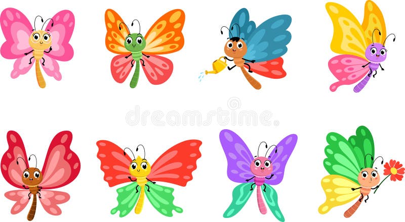 Cute Butterfly Cartoon Characters. Vector Flat Design Collection Set ...