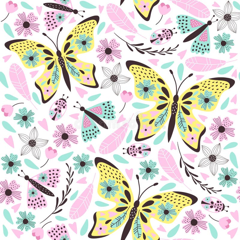 Cute Butterfly Pattern with Flowers. Vector Stock Vector - Illustration ...