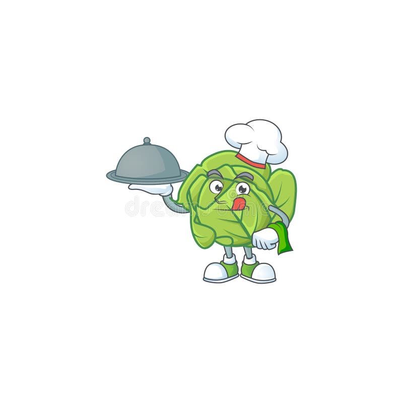 Cute Cabbage As a Chef with Hat and Tray Cartoon Style Design Stock ...