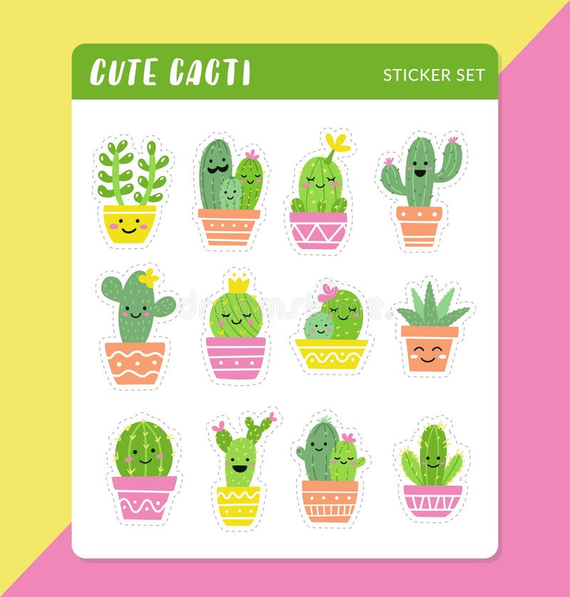 Cute cacti sticker set stock vector. Illustration of face - 154152855