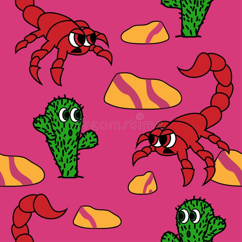 Cute Cactus and Angry Scorpion in Dessert. Seamless Vector Pattern ...