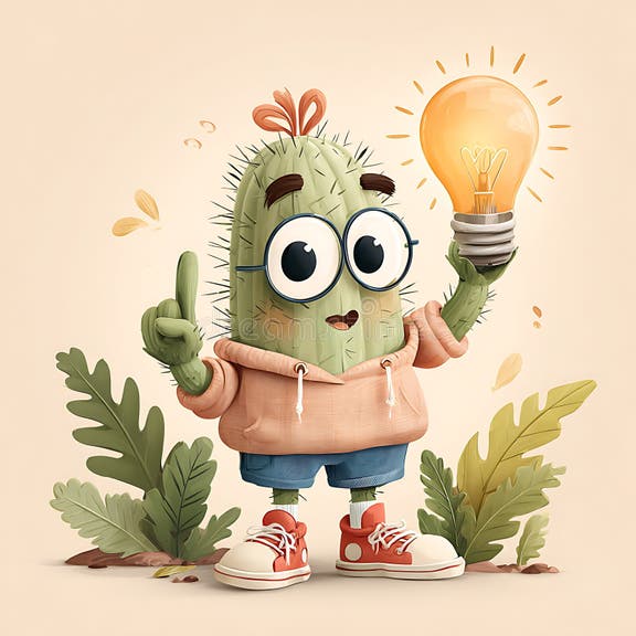 Cute Cactus Character with Lightbulb Idea Illustration Stock ...