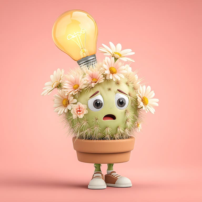 Cute Cactus with Flower Crown and Lightbulb Having an Idea Stock ...