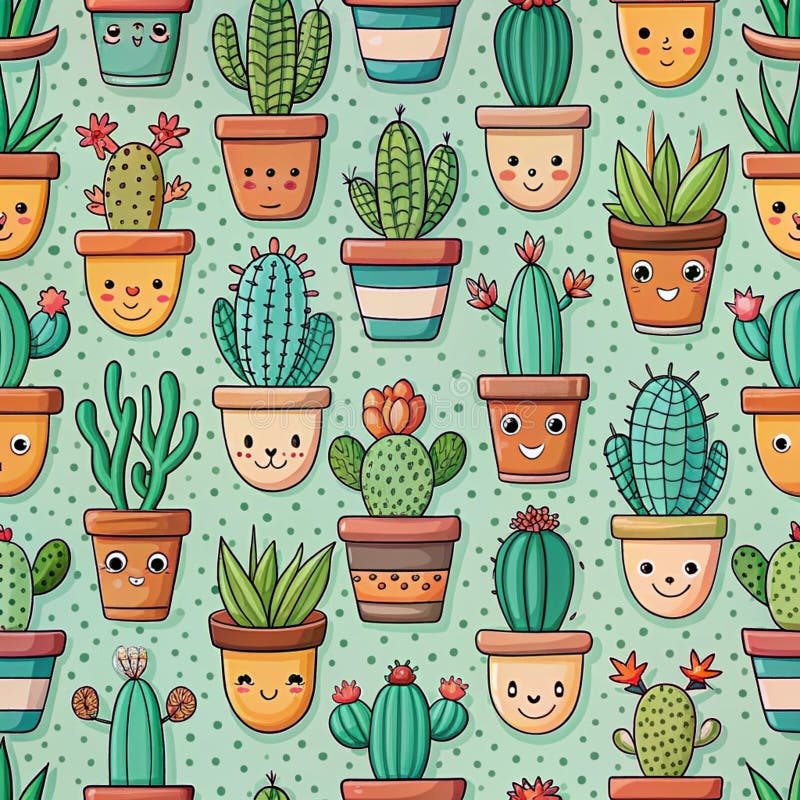 Cute Cactus Pattern in Pots Stock Illustration - Illustration of ...