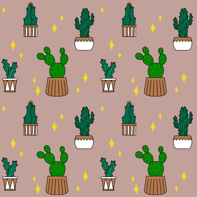 Cute Cactus Seamless Pattern with Plant Pot. Vector Background Stock ...