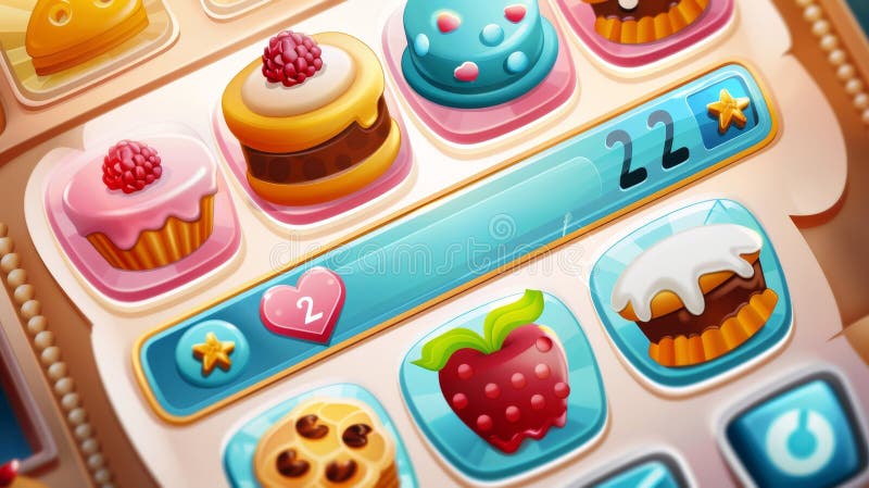Cute Cake Icons, Buttons, and Assets for a Match 3 Game Interface ...