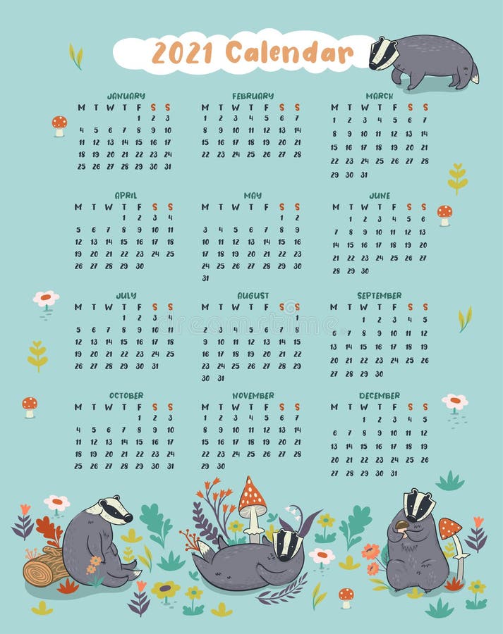 Calendar for August 2021. Cute Bull in the Sunflowers. Vector Graphics ...