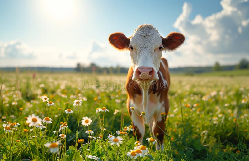 Cute Calf on Green Meadow. a Cow is Standing in a Green Field in the ...