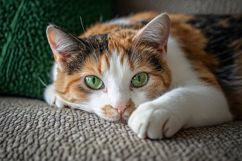 Cute Calico Cat with Green Eyes on Couch Stock Illustration ...